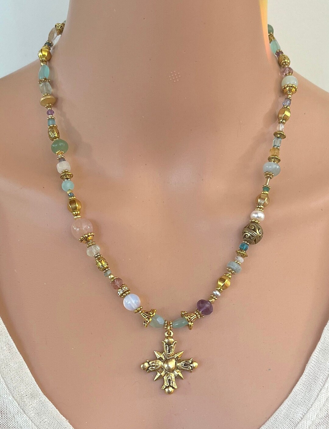Multi Gemstone With Stylized Cross Necklace - Etsy