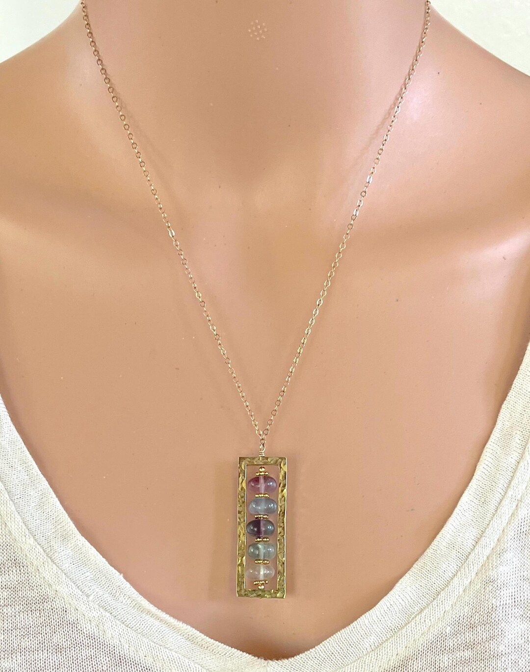 Fluorite Set in Hand-casted Bronze Rectangle Necklace - Etsy