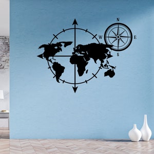 World Map Decal / Map Mural / World Sticker / Map Wallpaper / Compass ...