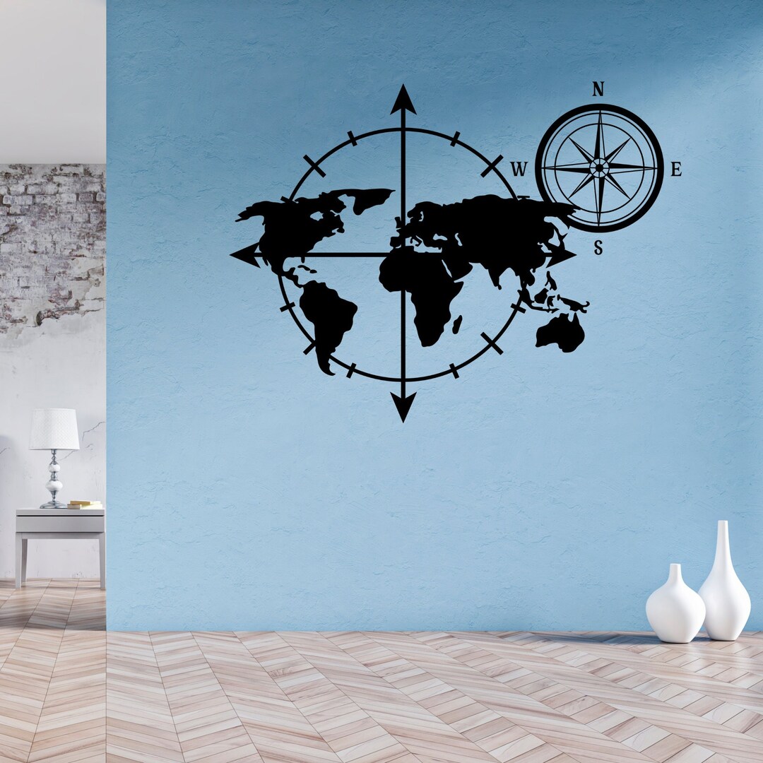 World Map Decal / Map Mural / World Sticker / Map Wallpaper / Compass ...