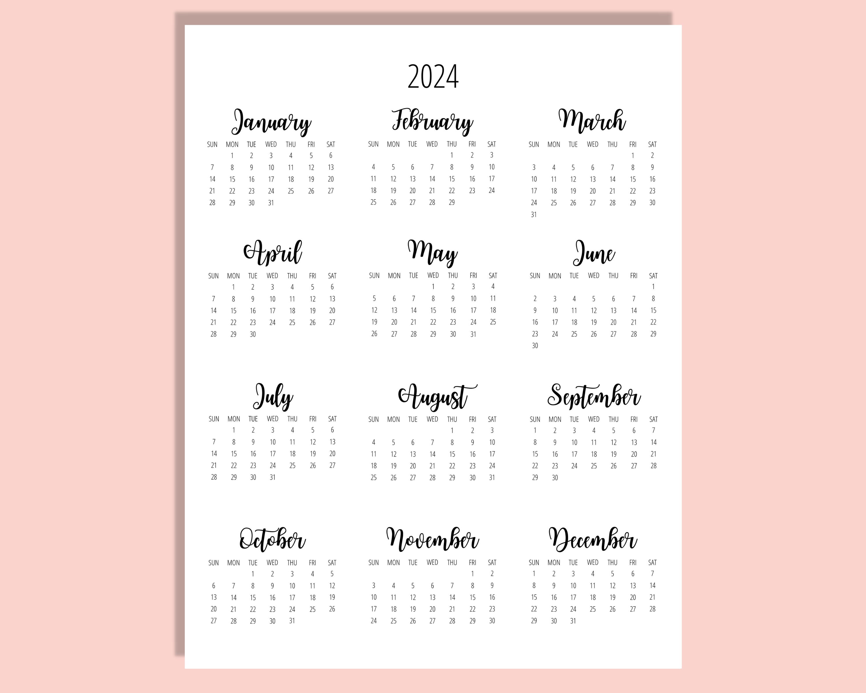 2024 Calendar Template 8 5 X 11 Inches Vertical Year At A Etsy UK
