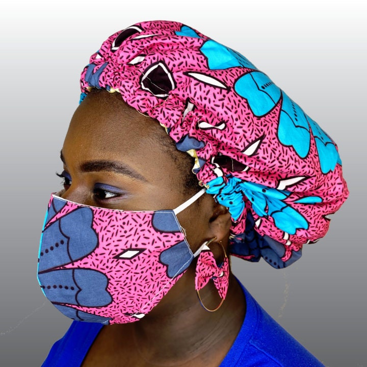 Joy - African Print Hair Bonnet With Mask Earring Set | Satin Silk ...