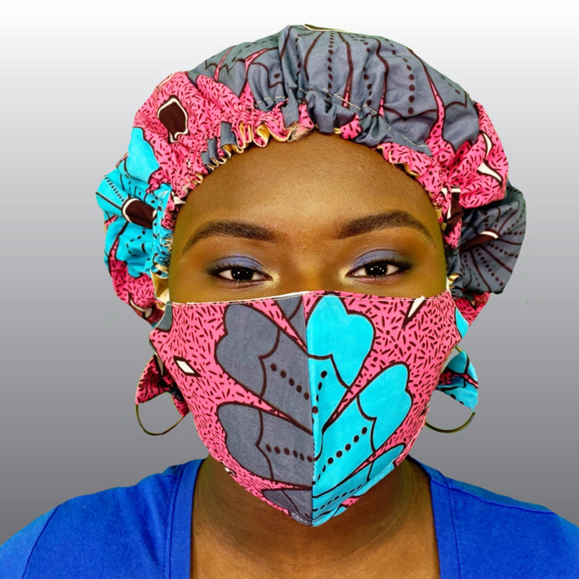 Joy - African Print Hair Bonnet With Mask Earring Set | Satin Silk ...