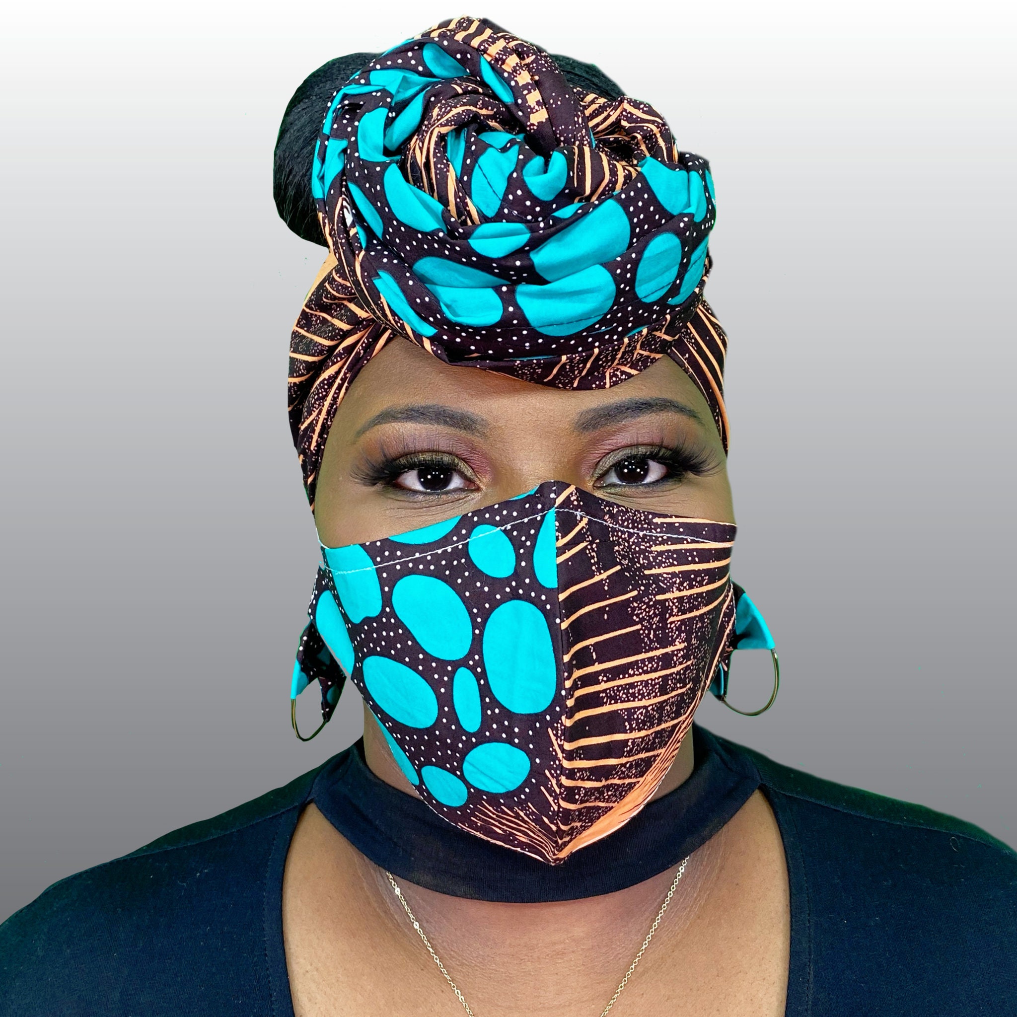 Grateful - African Print Head Wrap/scarf Mask Earring Set | Brown Aqua ...