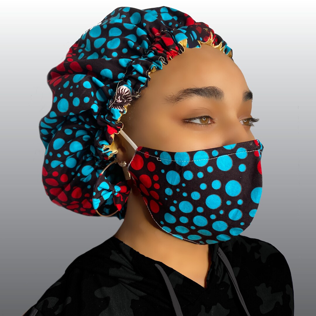 Harmony - African Print Bonnet Mask Earring Set | Blue Red Color ...
