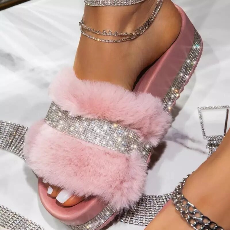 Fur Slides for Woman Rhinestone Sandals Fluffy Female Shoes Glitter ...
