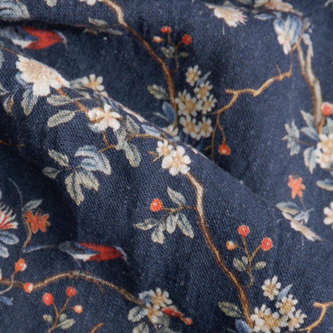 Blue Tree Print Bird Heavy Weight Linen Fabric by the Yard by the Meter ...