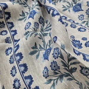 Blue Floral Print Heavy Weight Linen Fabric by the Yard by the Meter ...