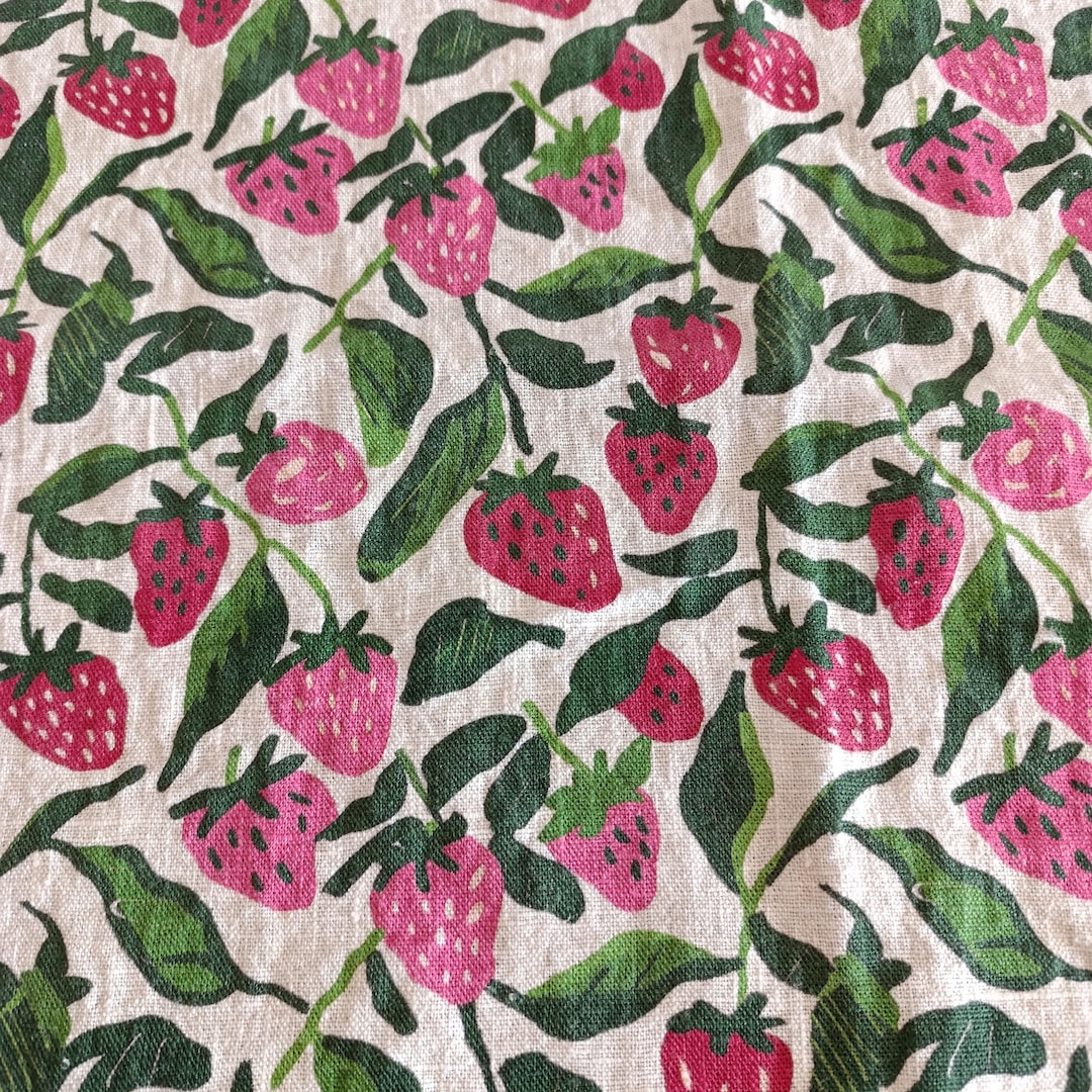 Linen Print Fabric Pink Strawberry Heavy Weight Linen Fabric Block ...