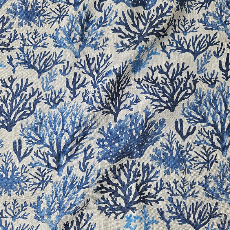 Blue CORAL Print Heavy Weight Linen Fabric by the Yard by the Meter 150 ...