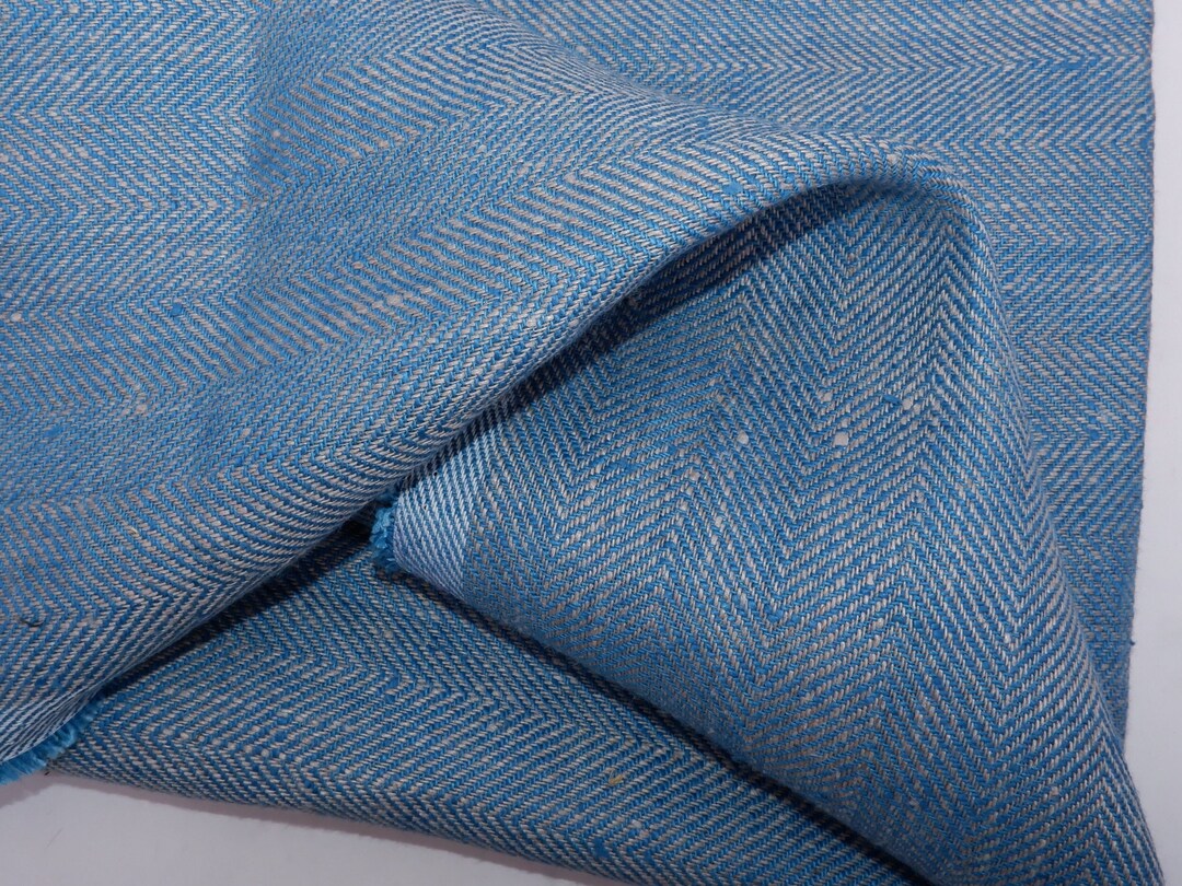 BLUE Herringbone Weave Heavy Weight Linen Fabric by the Yard Meter 150 ...