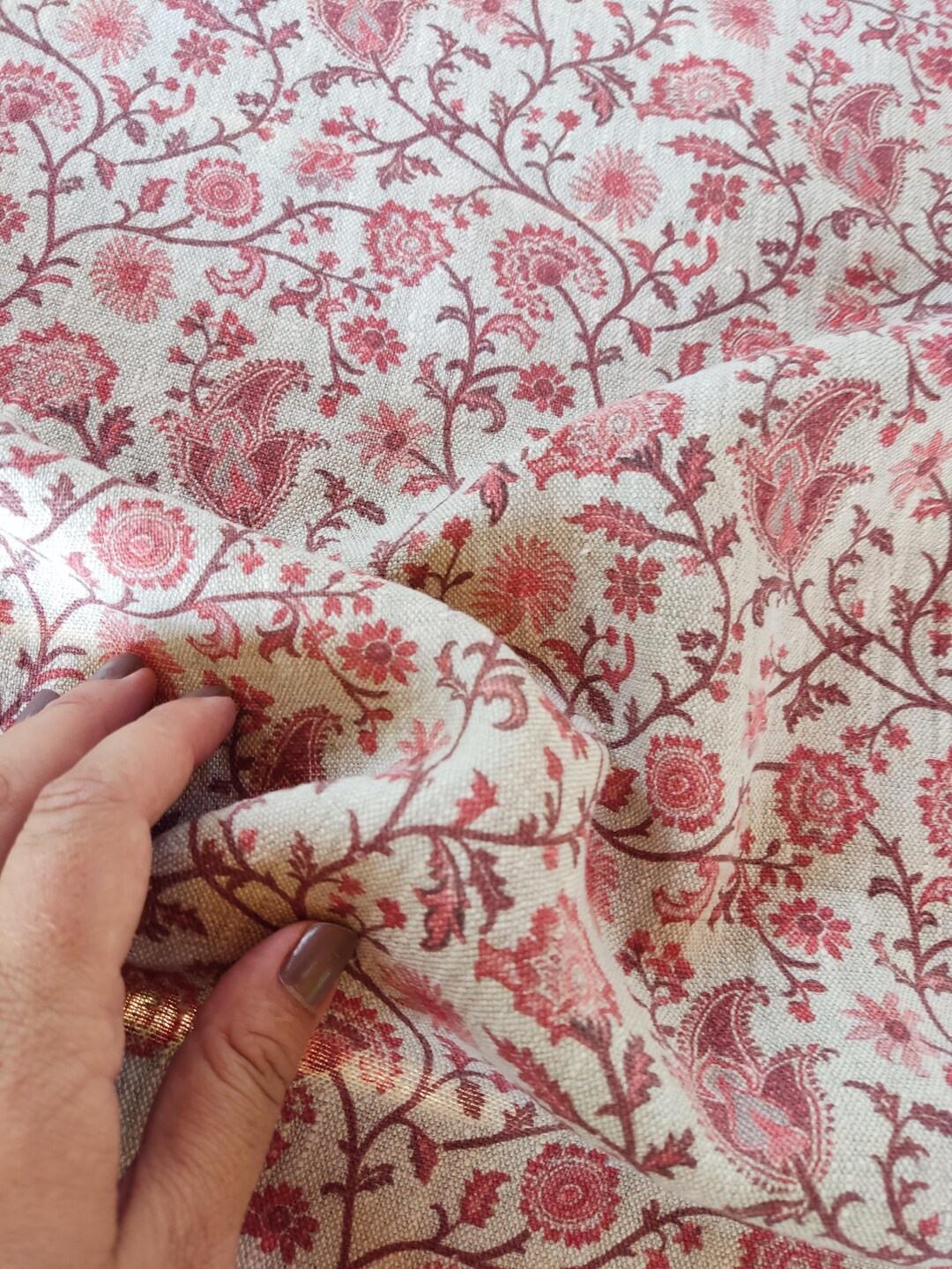 Linen Print Fabric Red Floral Heavy Weight Linen Fabric by the Yard by ...