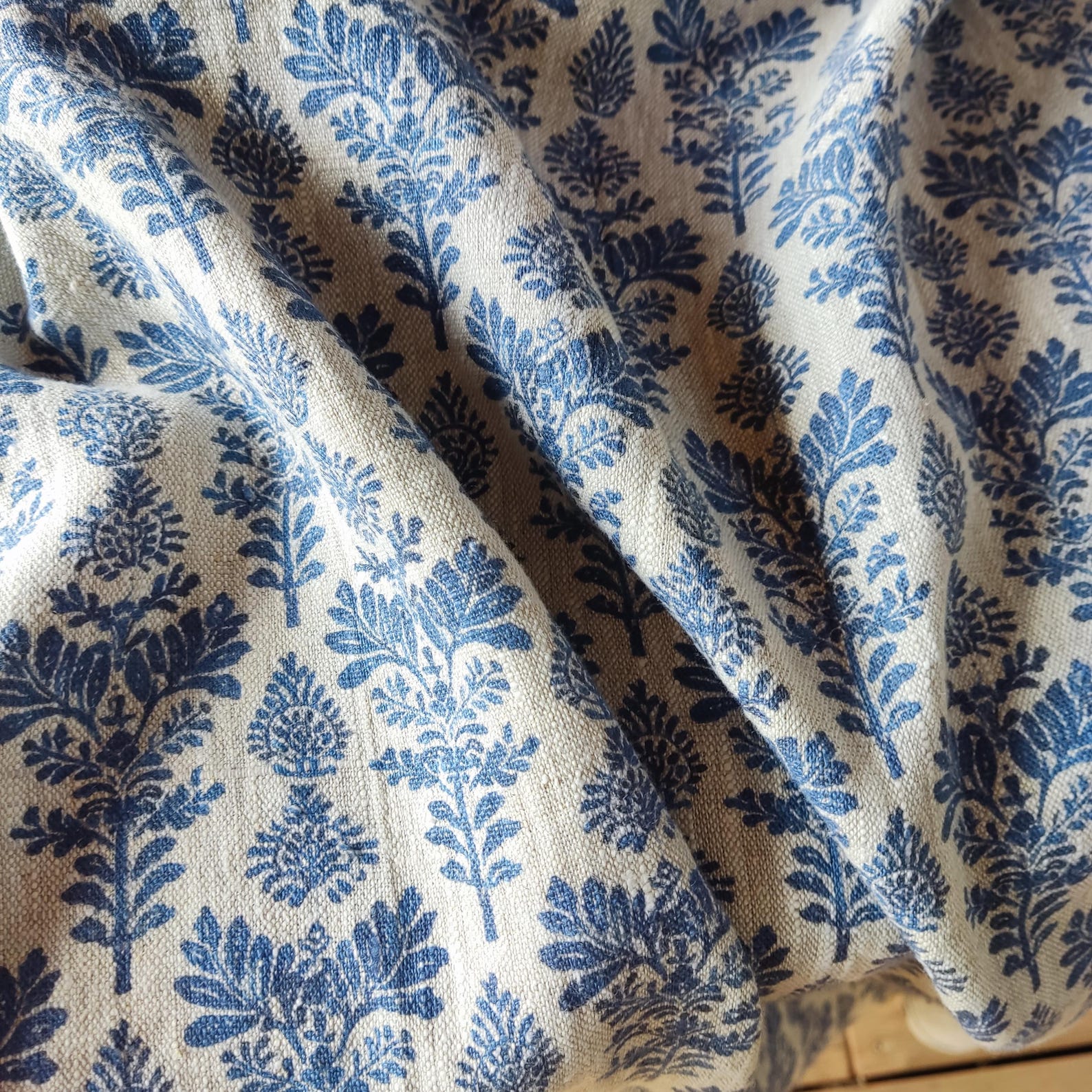 Blue Tree Print Heavy Weight Linen Fabric by the Yard by the Meter 150 ...
