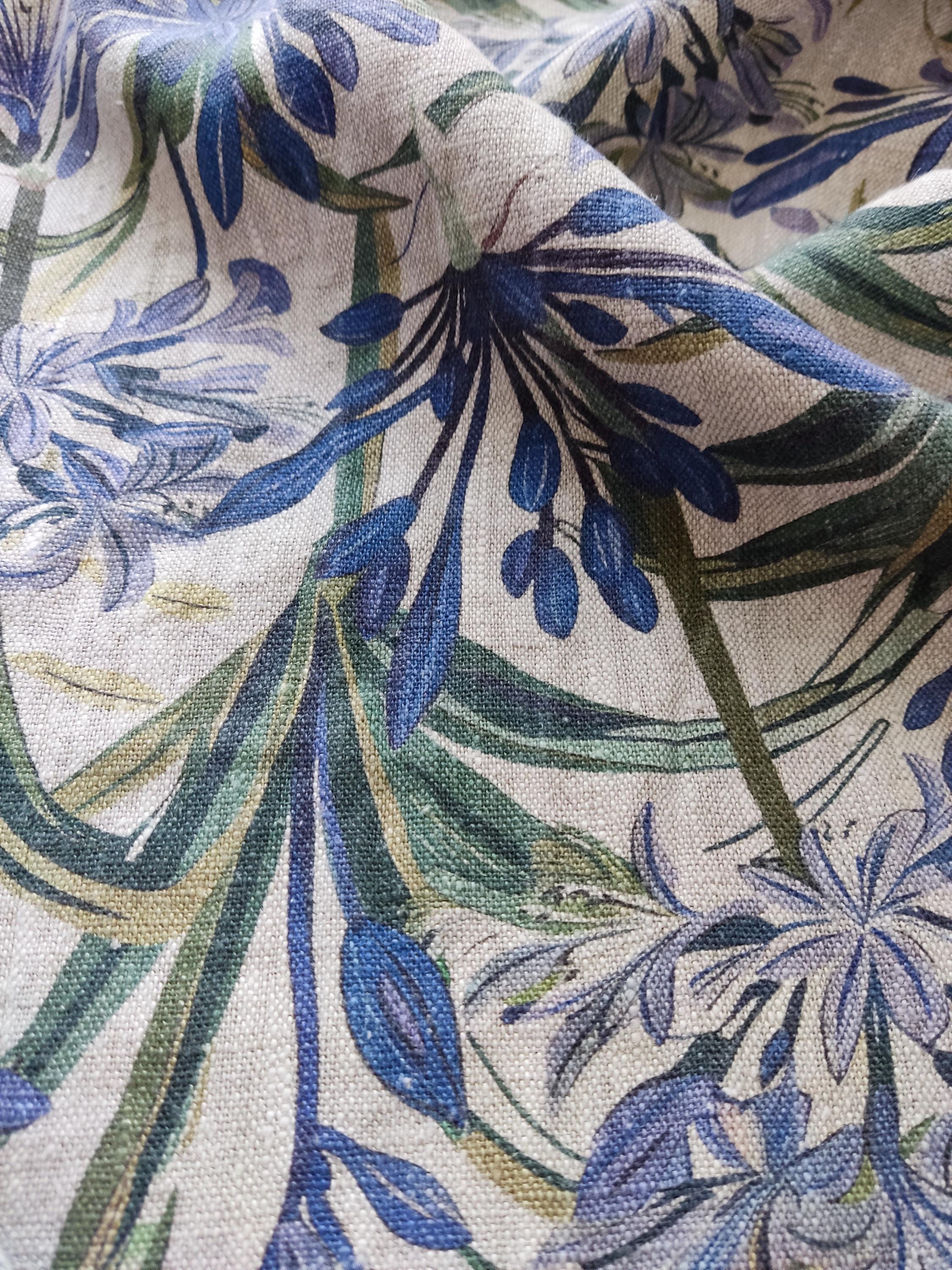 Blue Floral Print Heavy Weight Linen Fabric by the Yard by the Meter ...