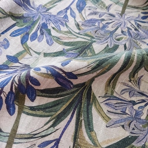 Blue Floral Print Heavy Weight Linen Fabric by the Yard by the Meter ...