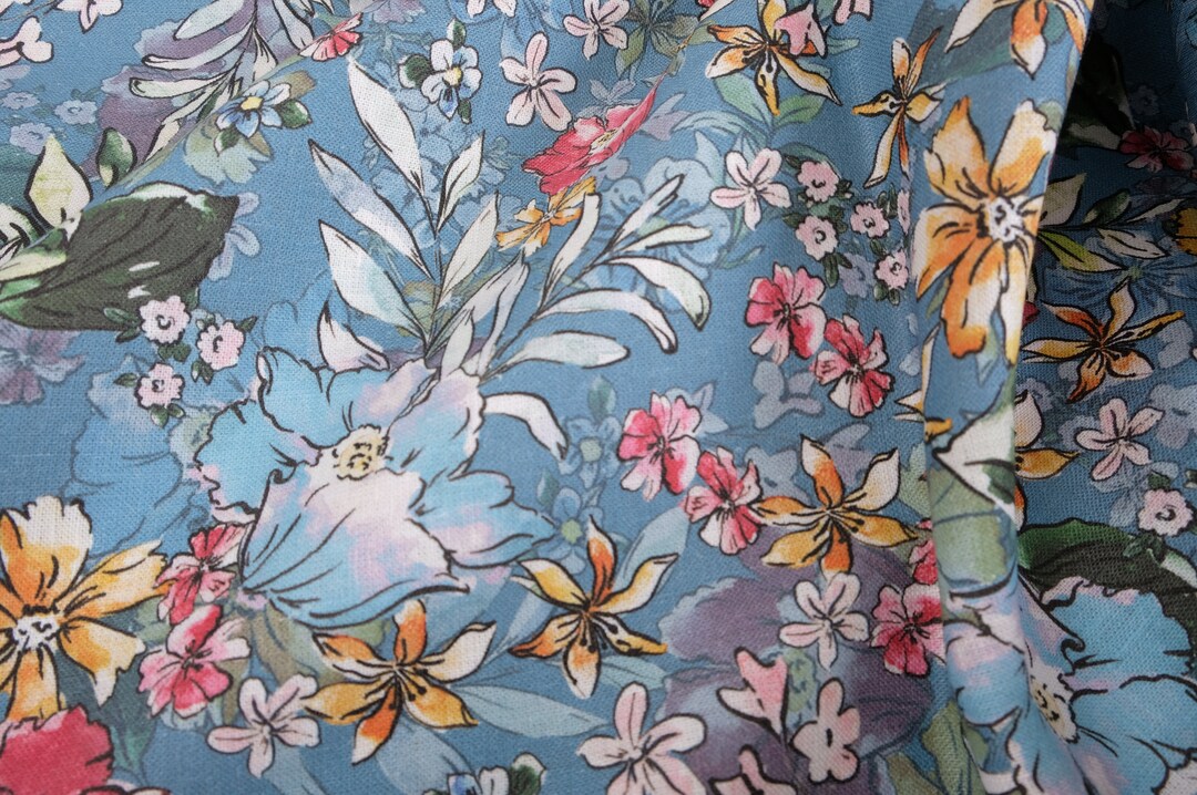 BLUE Flower Print Linen Fabric Floral Flax for Sewing Dresses Digital ...