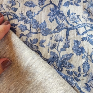 Blue Tree Print Heavy Weight Linen Fabric by the Yard by the Meter 150 ...