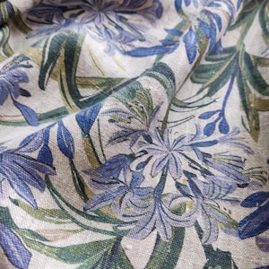 Blue Floral Print Heavy Weight Linen Fabric by the Yard by the Meter ...