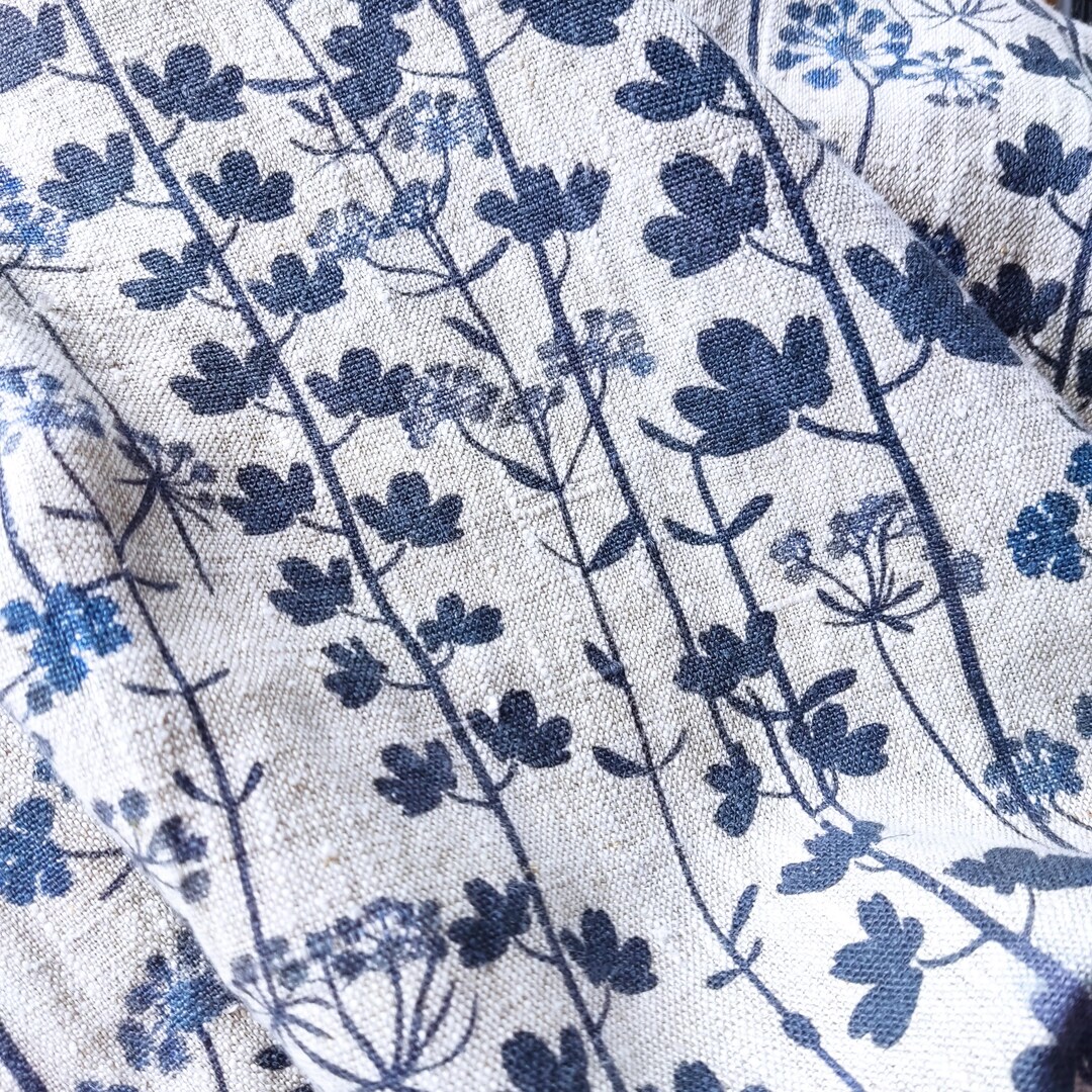 Blue Floral Print Heavy Weight Linen Fabric by the Yard by the Meter ...