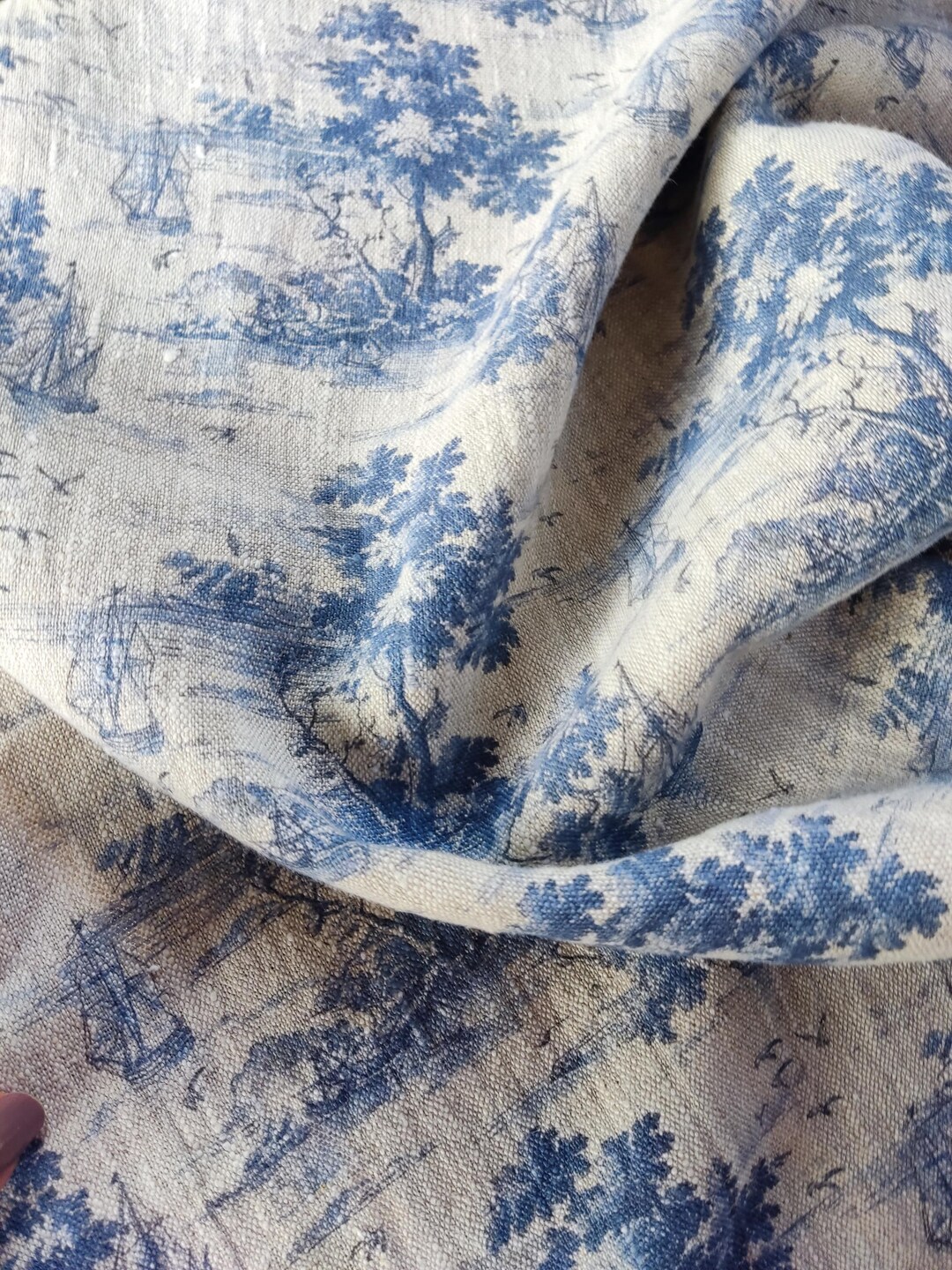 Blue Tree Print Heavy Weight Linen Fabric by the Yard by the Meter 150 ...