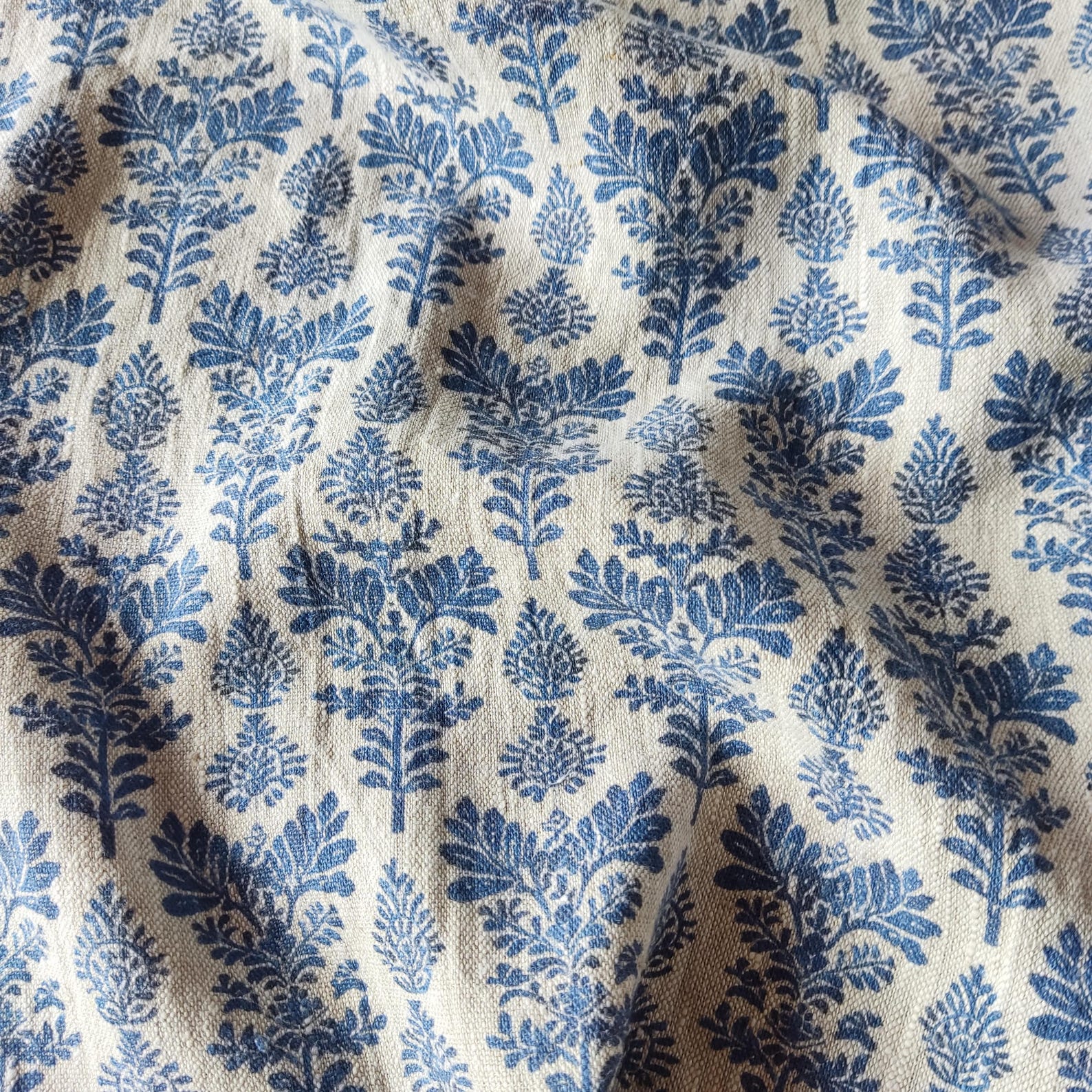 Blue Tree Print Heavy Weight Linen Fabric by the Yard by the Meter 150 ...