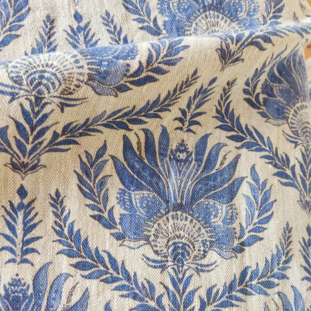 Blue Tree Print Heavy Weight Linen Fabric by the Yard by the Meter 150 ...