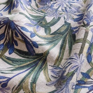 Blue Floral Print Heavy Weight Linen Fabric by the Yard by the Meter ...