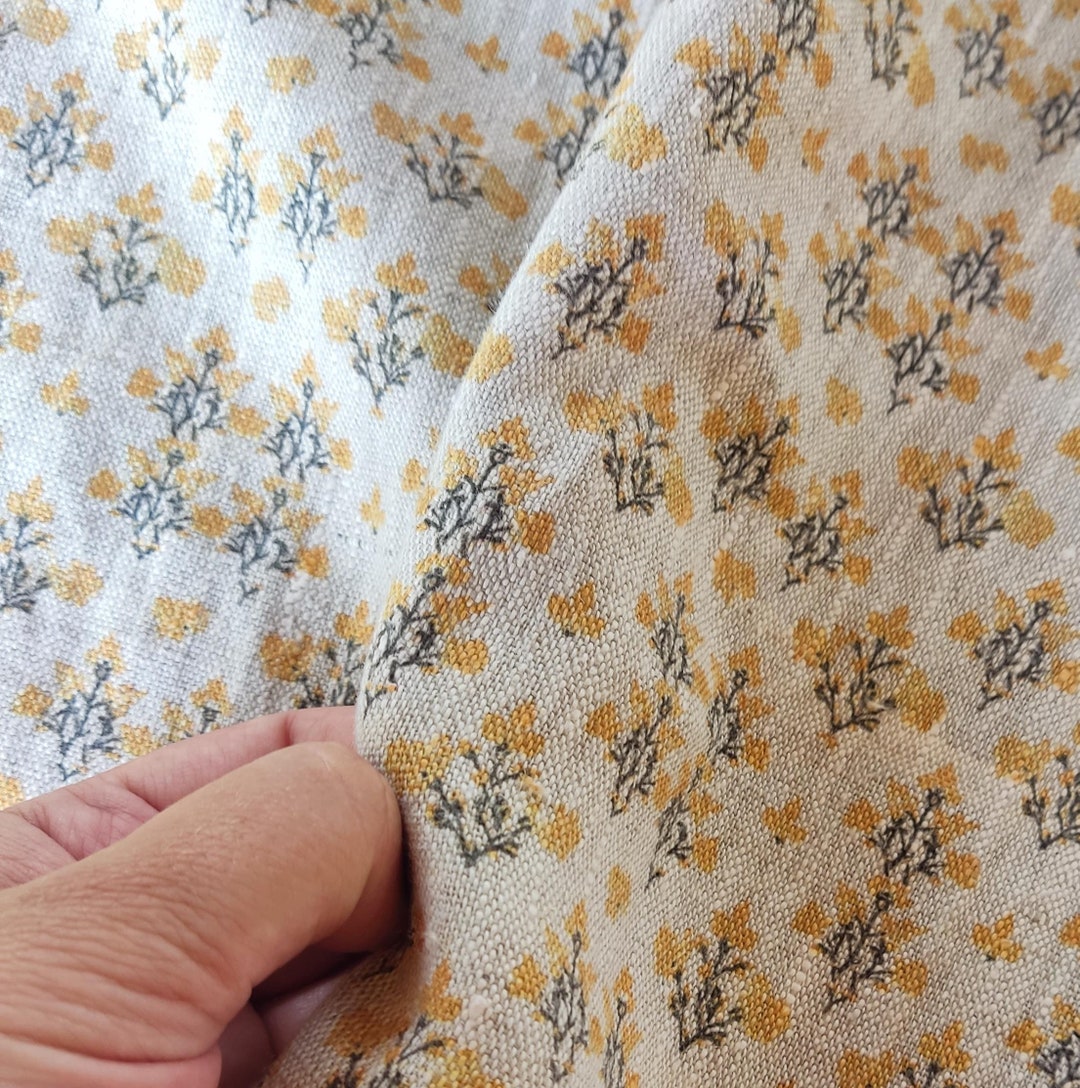 Yellow Flowers Flax Print Heavy Weight Linen Fabric by the Yard ...