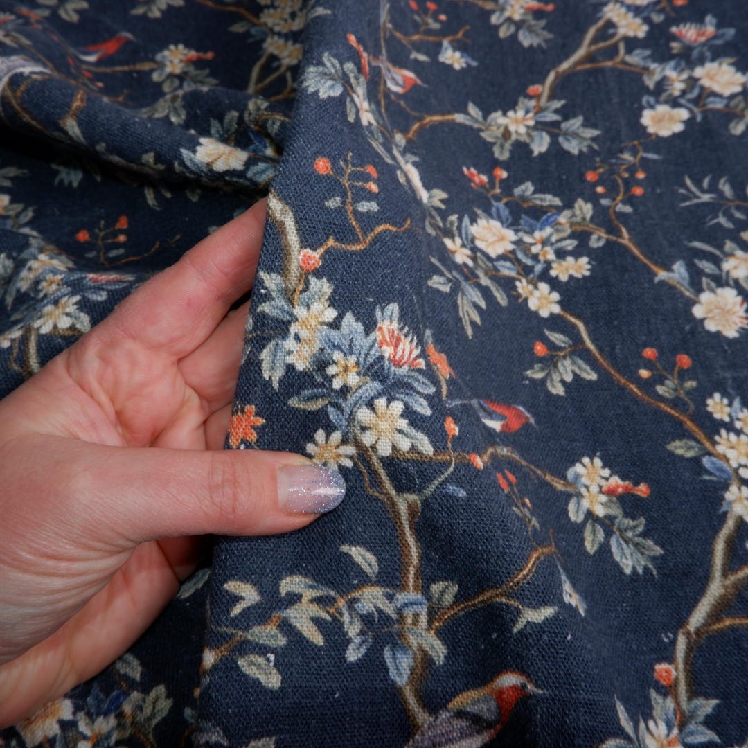 Blue Tree Print Bird Heavy Weight Linen Fabric by the Yard by the Meter ...