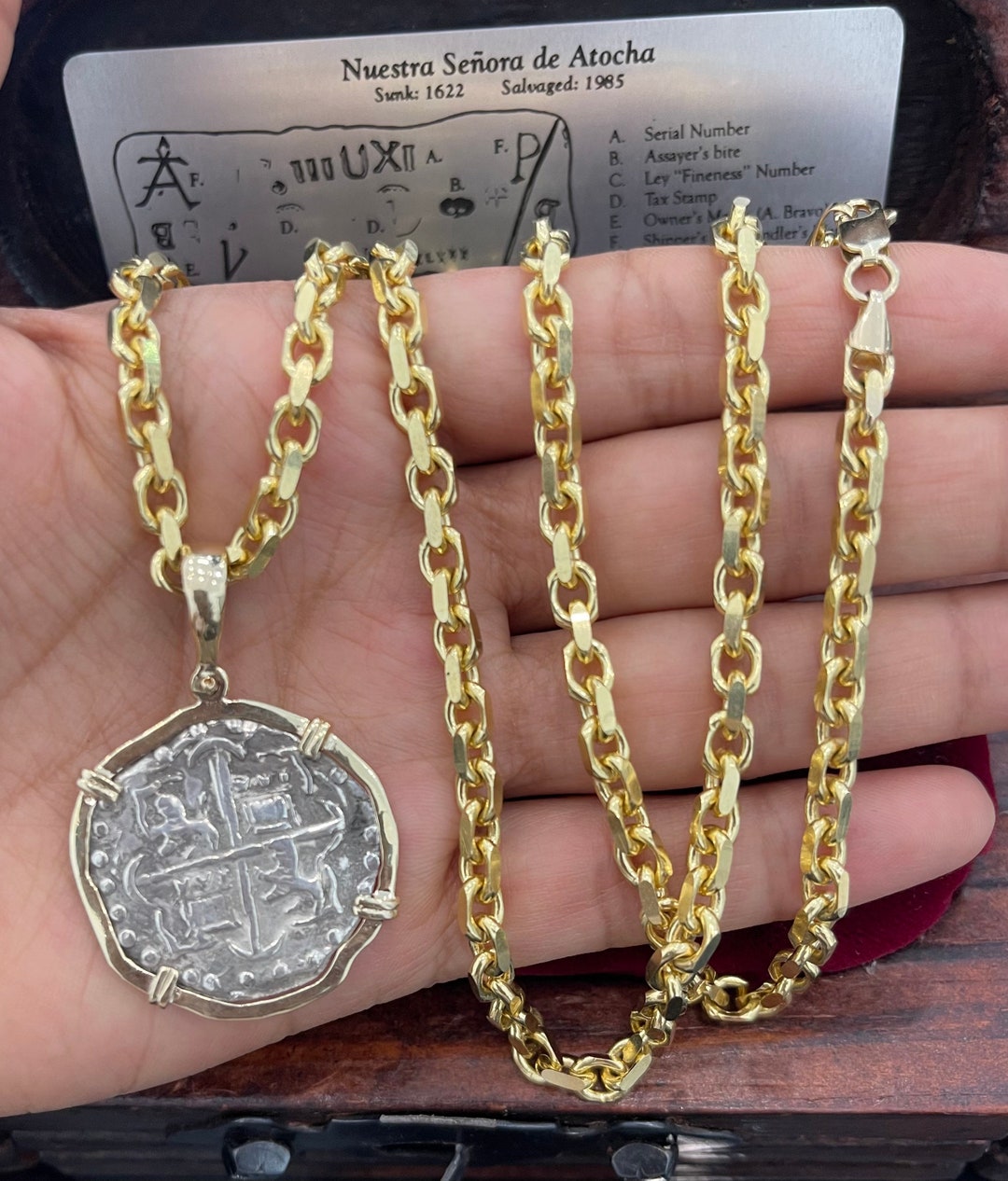 Atocha Shipwreck Silver Coin Pendant: 14k Gold Bezel, Heavy Gold Chain ...