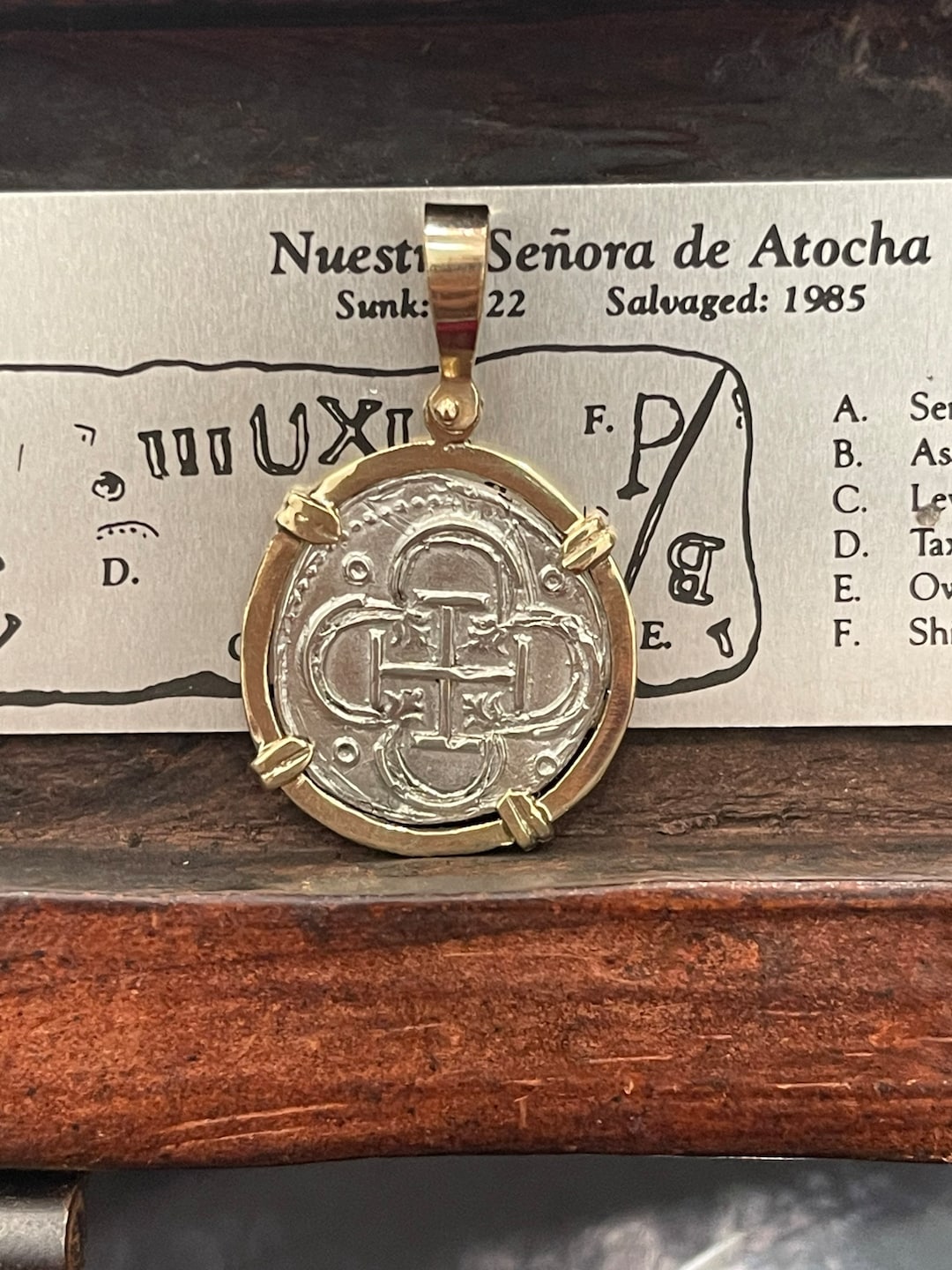 Atocha Shipwreck Silver Coin Pendant: 14k Gold Bezel, Mel Fisher ...