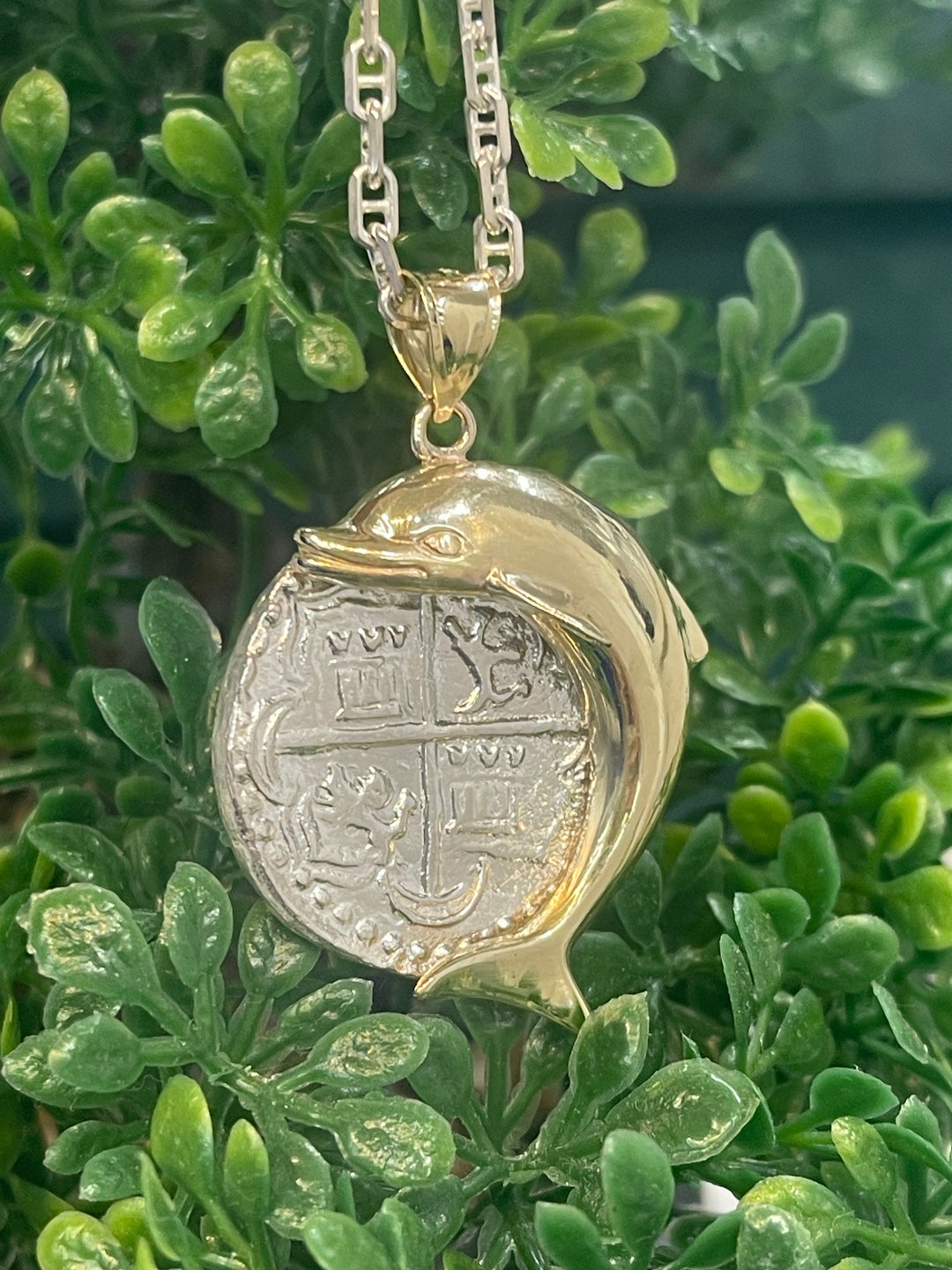 Atocha Silver Coin Pendant in 10k real Gold Fish Bezel - Etsy