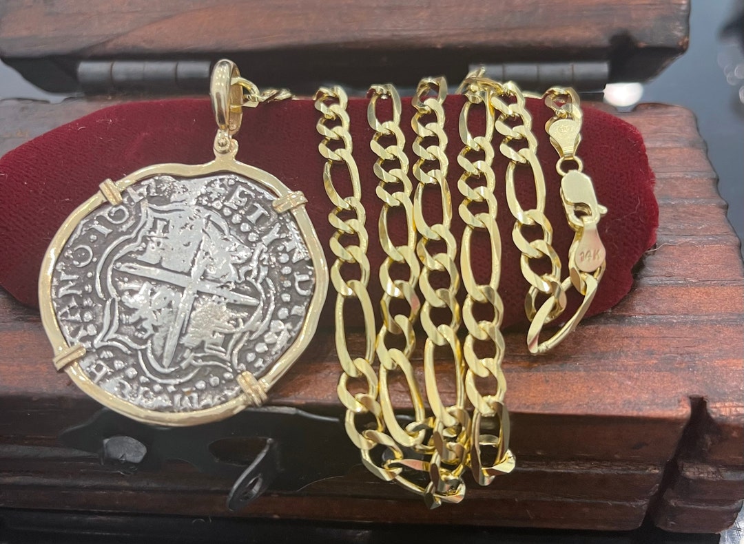 Atocha Shipwreck Silver Coin Pendant: 14k Gold Bezel, Figaro Chain 24 ...