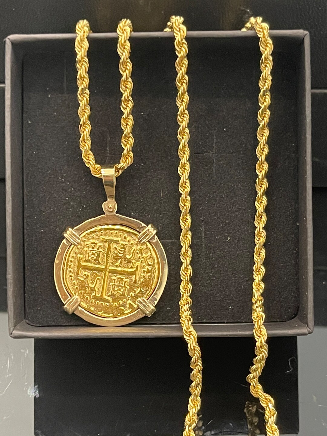 14k Solid Gold Atocha Coin Pendant With 14k Solid Gold Rope Chain 22 ...