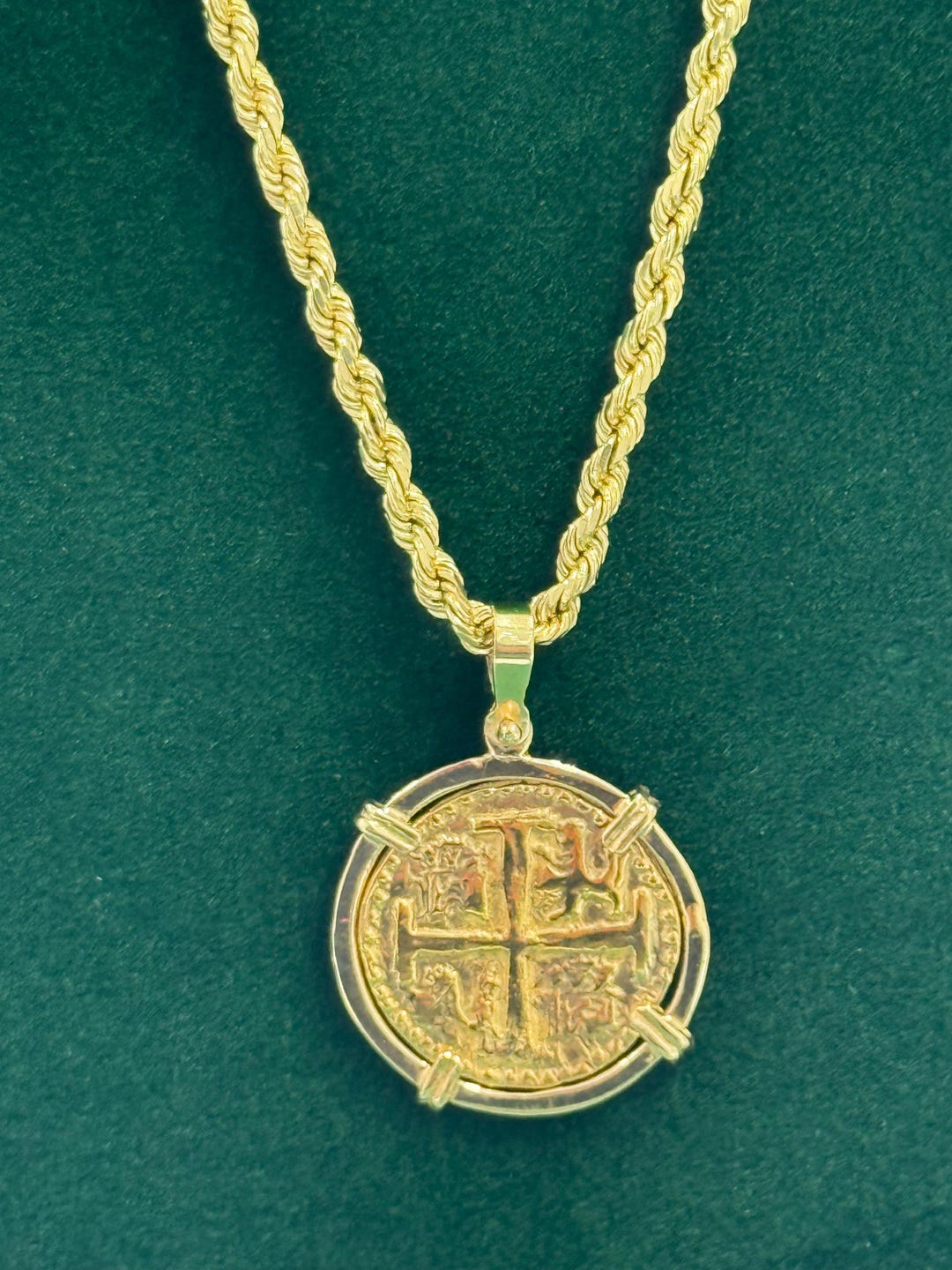 14k Real Solid Gold Atocha Coin Pendant With 14k Real Solid Gold Rope ...