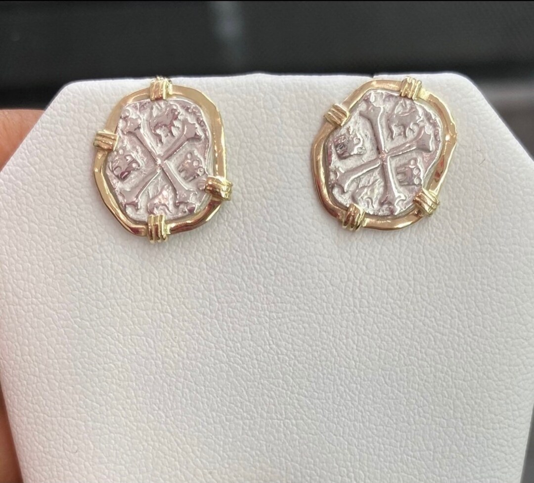 Atocha Mini Coin Studs in 14kt Solid Gold Bezel - Etsy