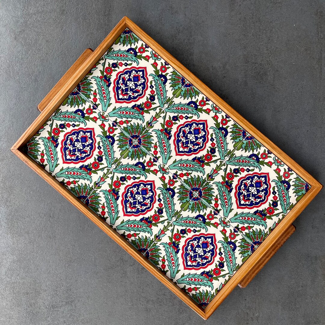 Large Rectangular Wooden Tray With Ceramic Tile Decoration in Vintage ...