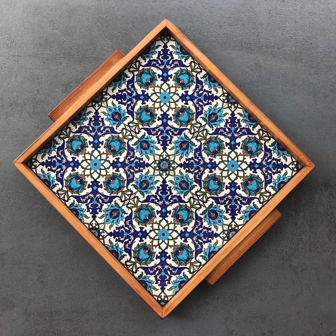 Wooden Tray With Ceramic Tile Decoration in Oriental Style, Serving ...