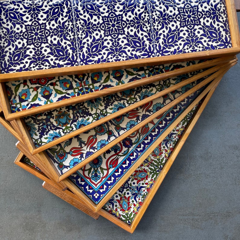 Large Rectangular Wooden Tray With Vintage-style Ceramic Tile ...