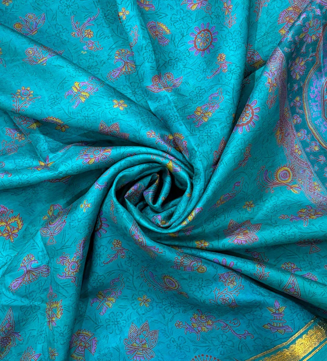 Craft Bazaar Vintage Pure Silk Saree Printed Drape 5 yard Recycled 100% ...