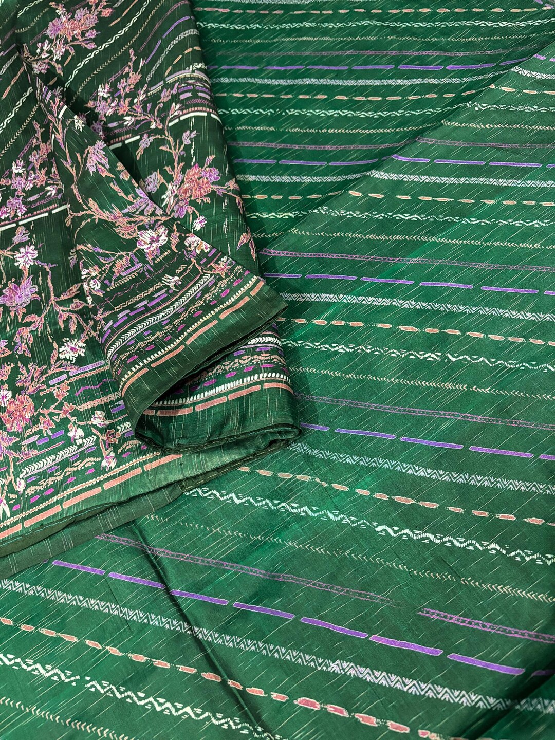 Vintage Green Printed Silk Saree Fabric: Silk Sari Sewing Textile - Etsy