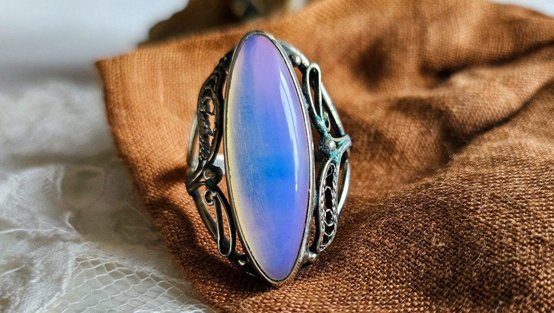 Vintage Soviet USSR Russian Silver Metal Filigree Ring, Large Opaline Glass Cabochon, Vintage ...