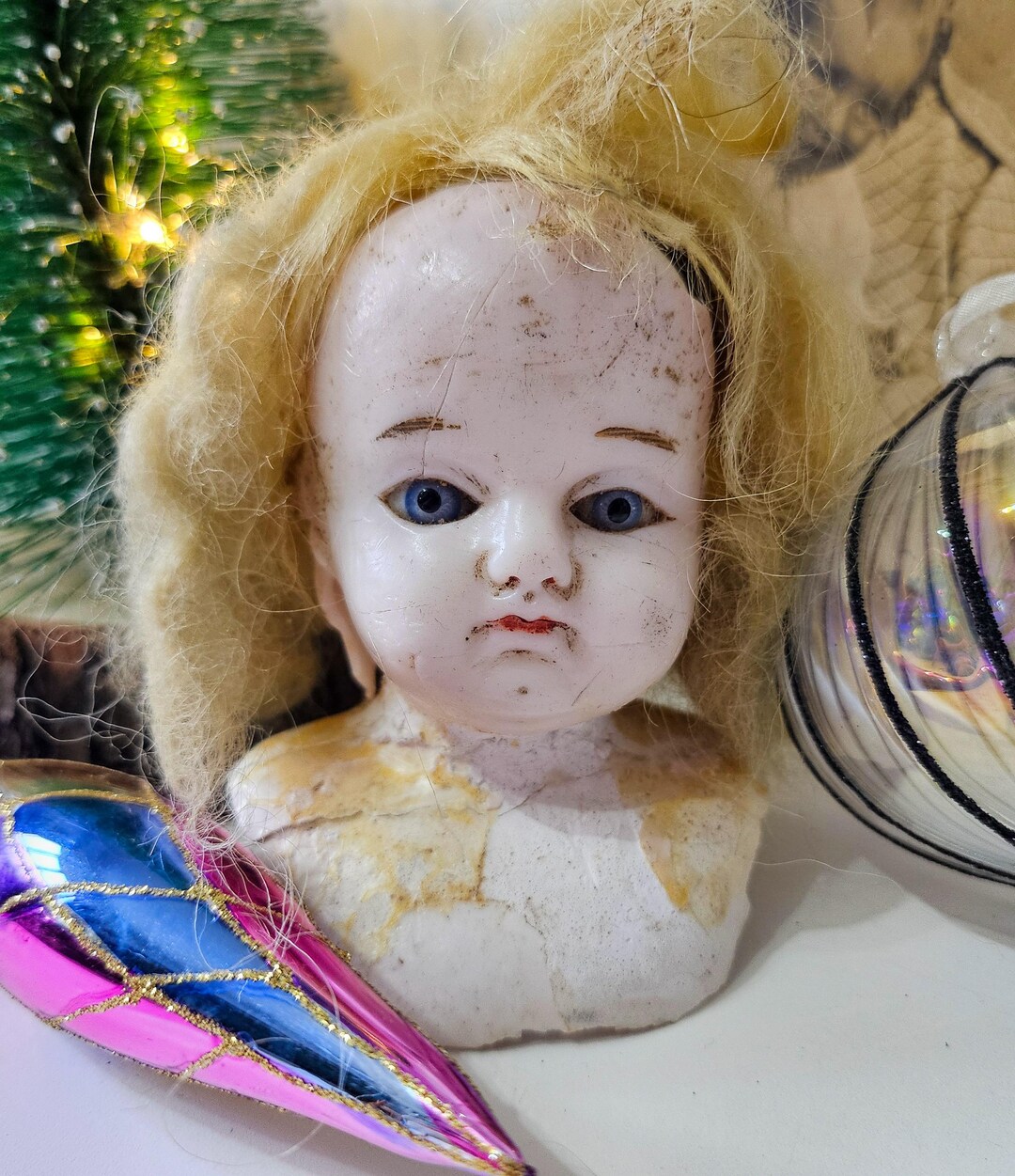 Antique Victorian Wax Doll Head Bust, Blue Glass Eyes, 19th Century ...