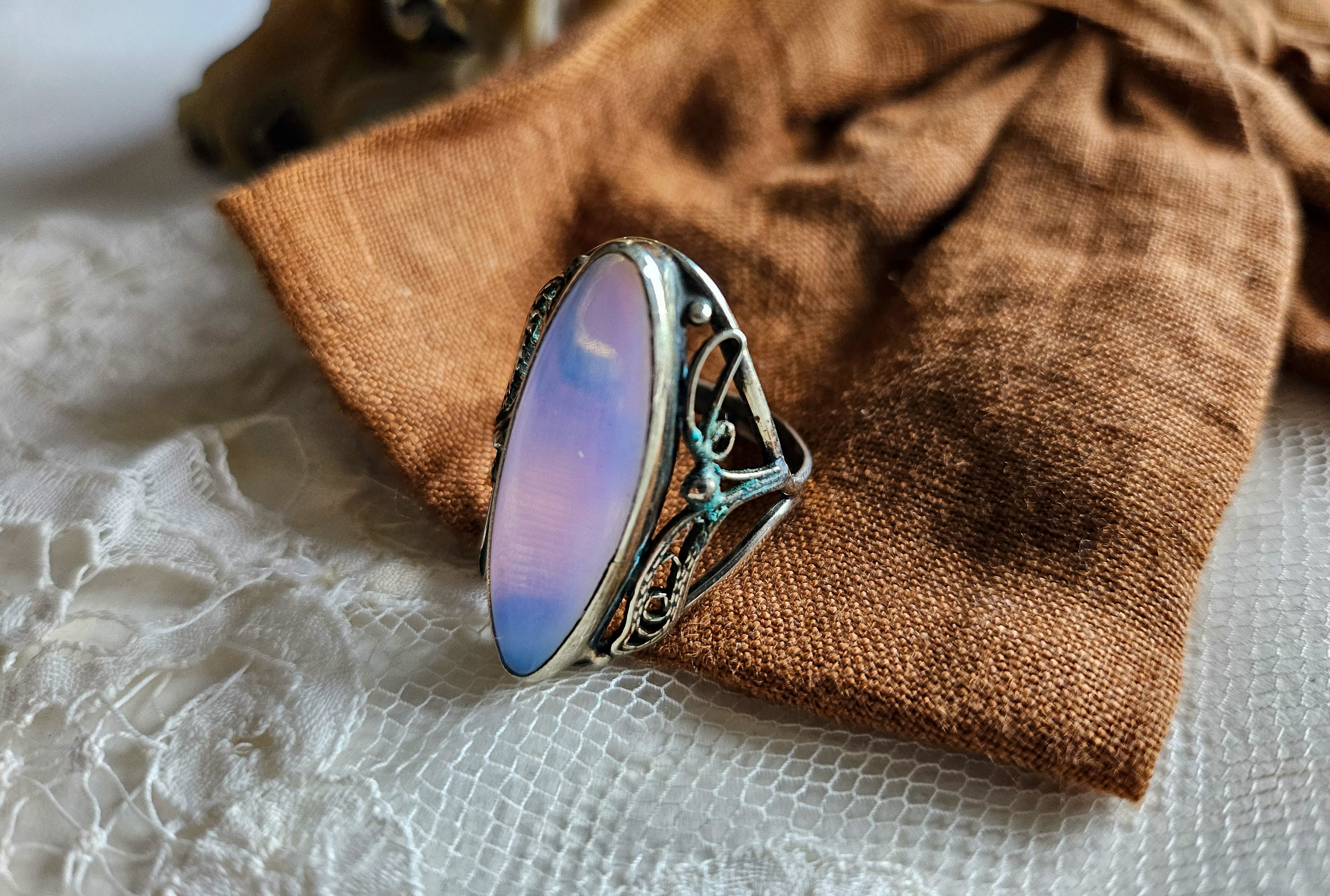 Vintage Soviet USSR Russian Silver Metal Filigree Ring, Large Opaline Glass Cabochon, Vintage ...