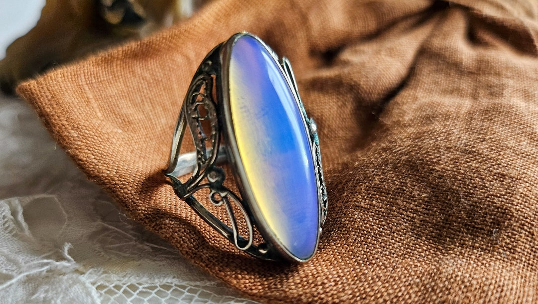 Vintage Soviet USSR Russian Silver Metal Filigree Ring, Large Opaline ...