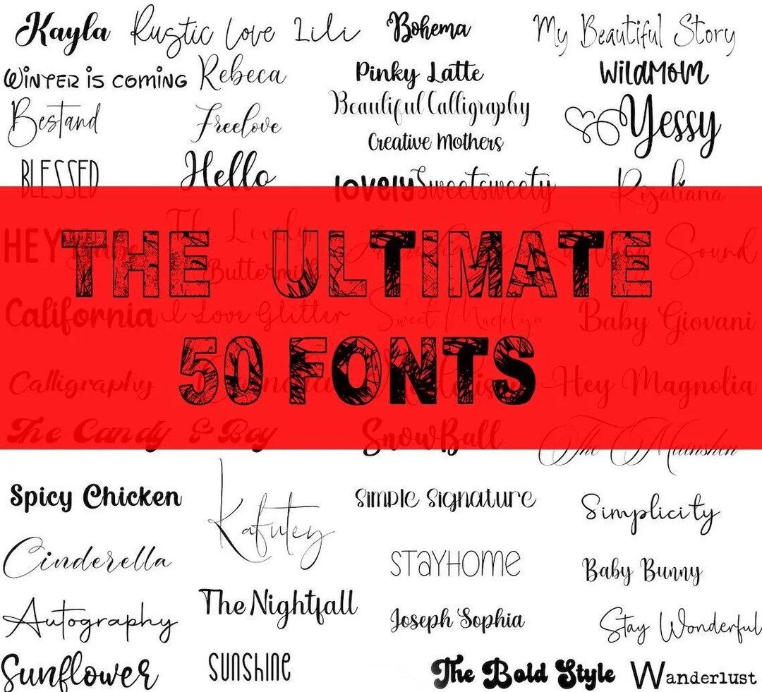 The Ultimate Font Bundle, Include 50 Fonts, Heart Font, Canva Font, Procreate Fonts, Script Font ...