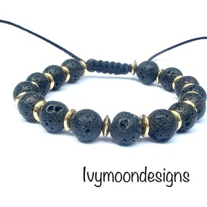 Lava Stone Bracelet-black Lava Rock Beads-black and Gold-mens Bracelet ...