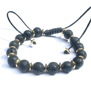 Lava Stone Bracelet-black Lava Rock Beads-black and Gold-mens Bracelet ...