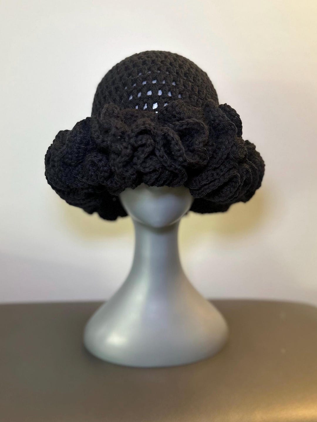 Crochet Ruffle Hat, Bucket Hat, “black” Ruffle Hat - Etsy