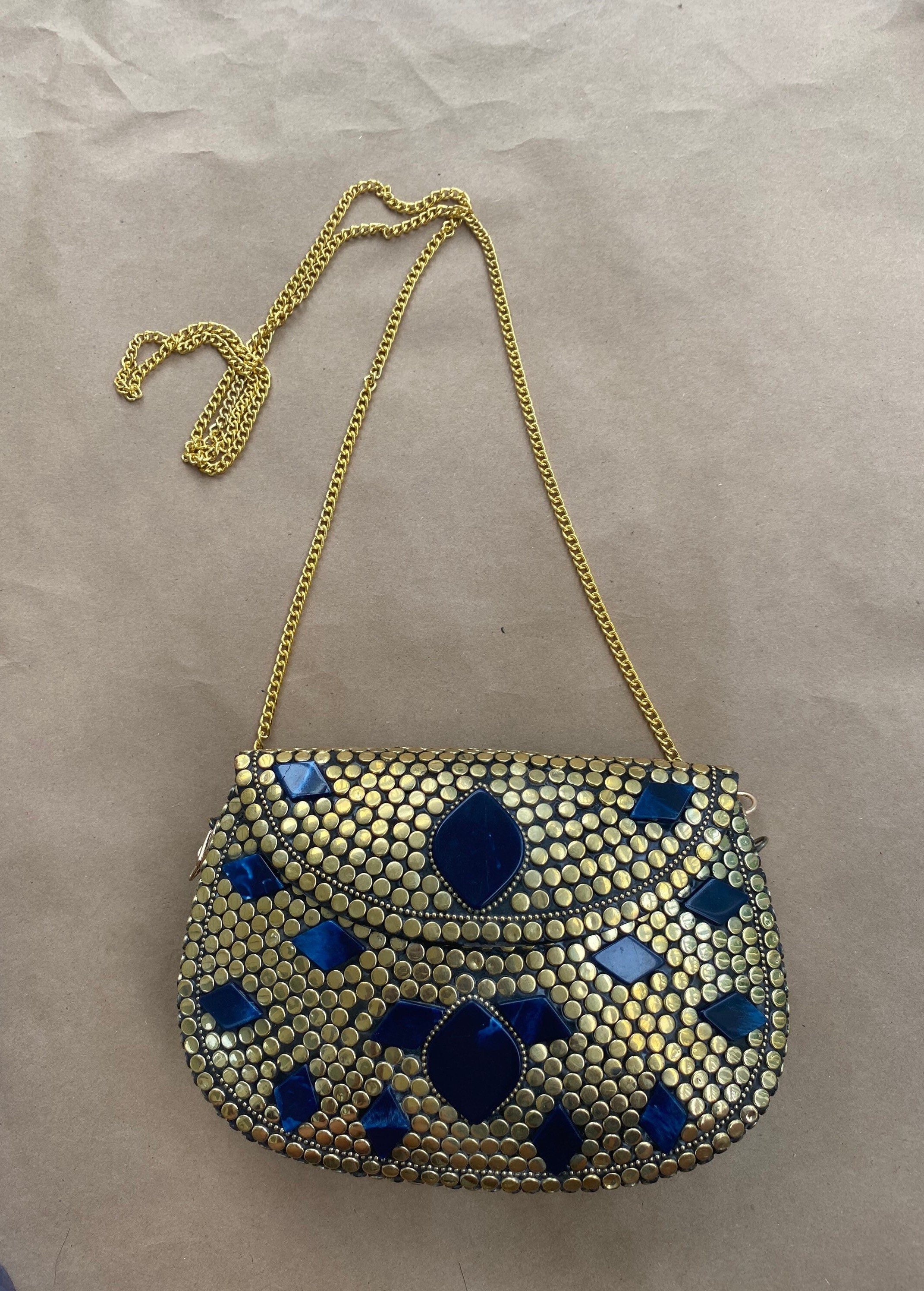 Handmade Gold Studded Shoulder Bag Gold Geometric Metal Bag Blue and ...